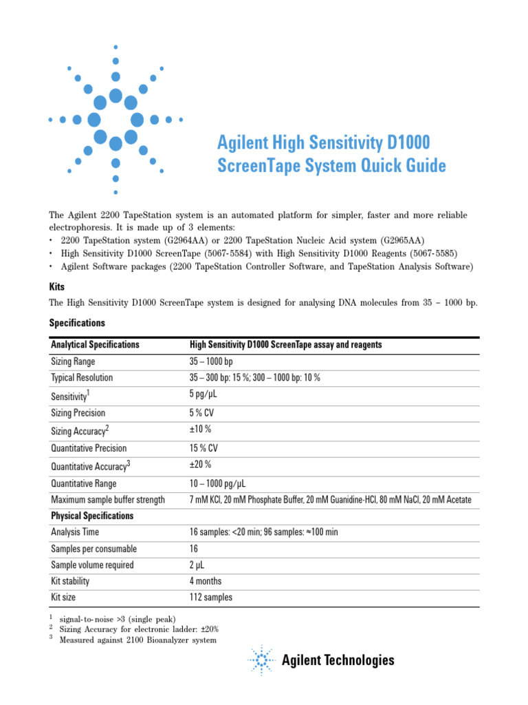 Agilent High Sensitivity D1000 ScreenTape System Quick Guide | PDF