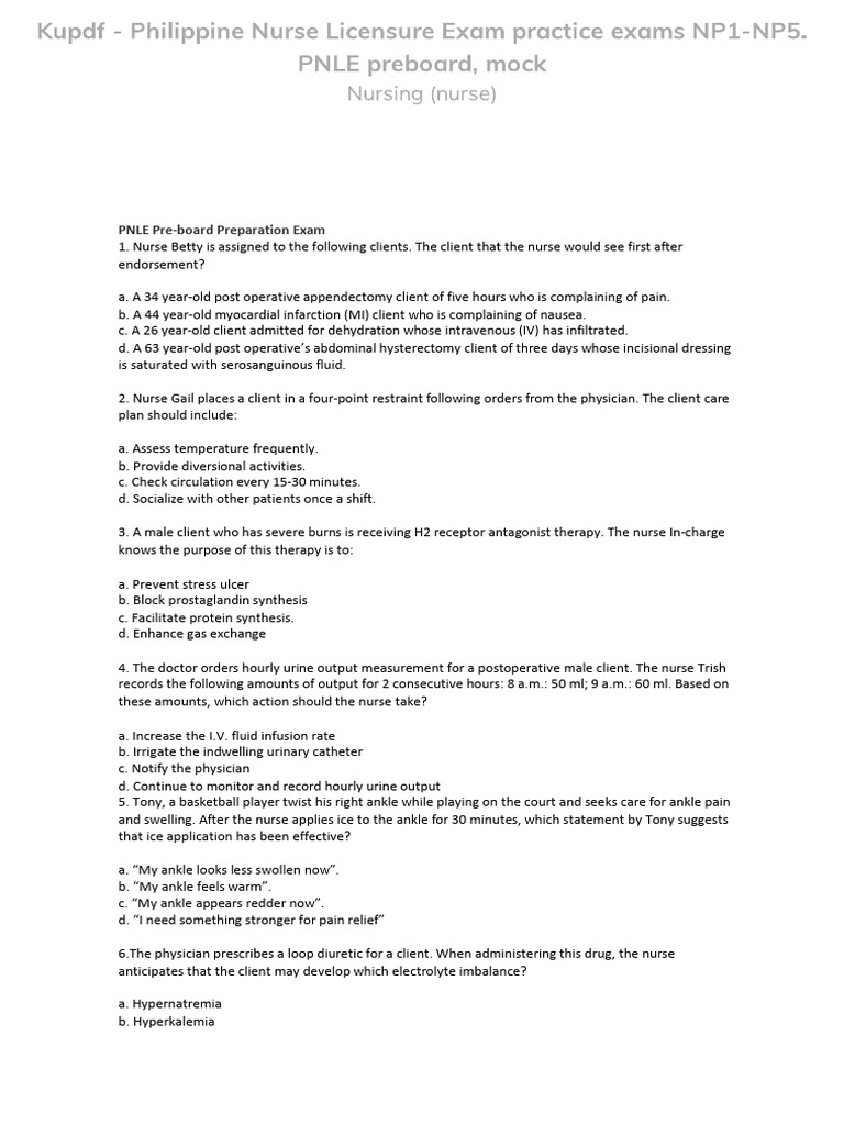 Kupdf Philippine Nurse Licensure Exam Practice Exams Np1 Np5 Pnle Preboard Mock Compress | PDF