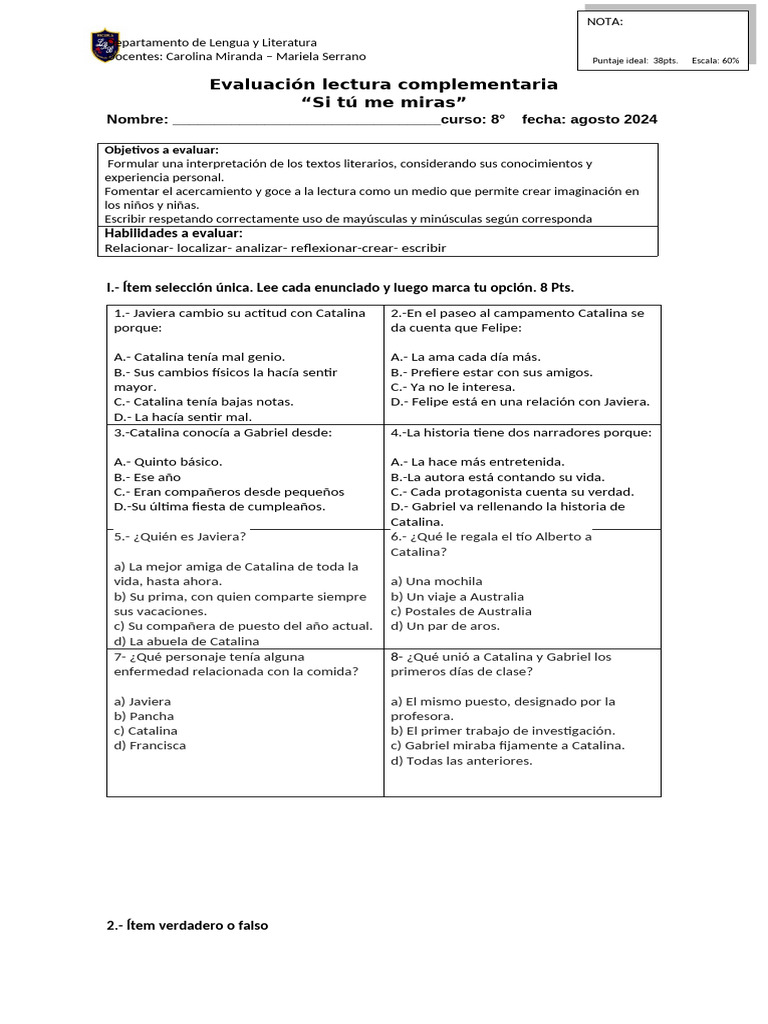 Evaluación Lectura Complementaria Estudiante | PDF | Ficción general