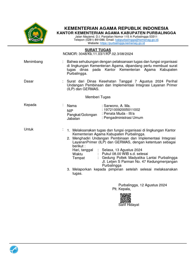Tte Rev3048 Surat Tugas Pembinaan Dan Implementasi Integrasi Layanan Primer Dan GERMAS | PDF