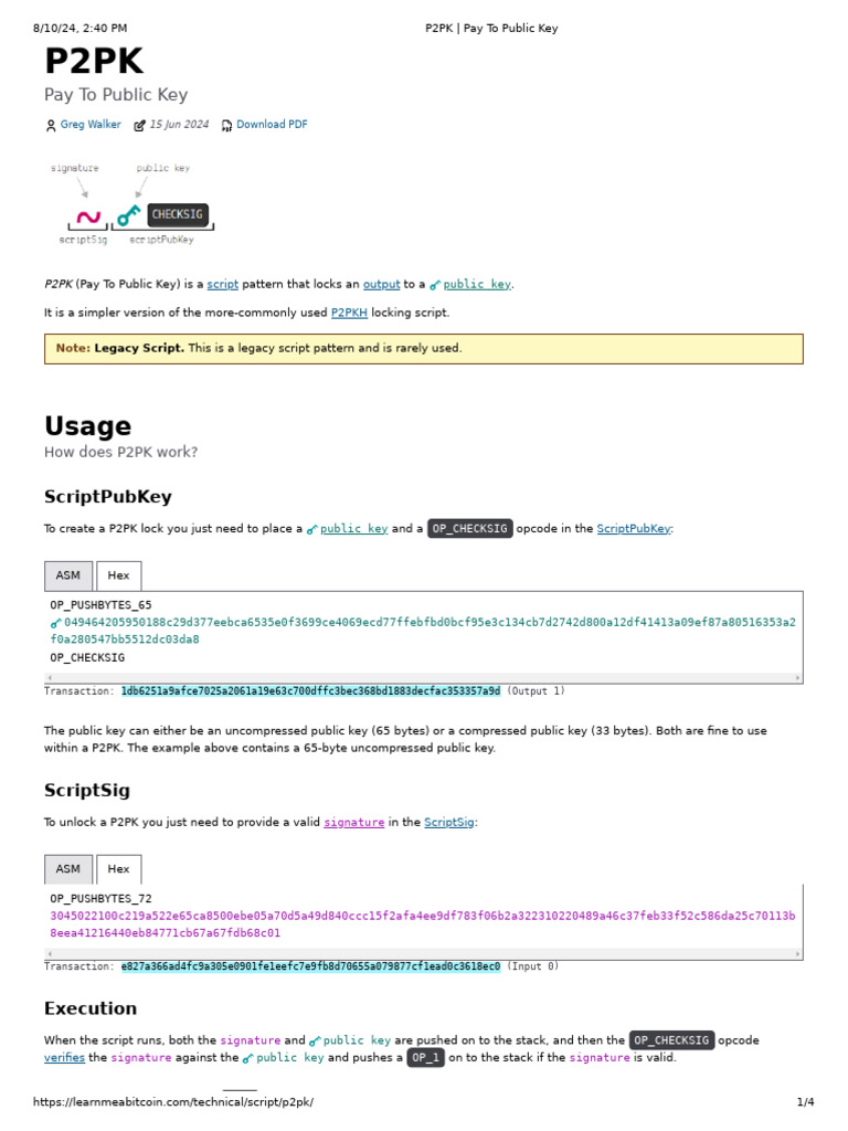 Learnmeabitcoin Technical Script p2pk | PDF