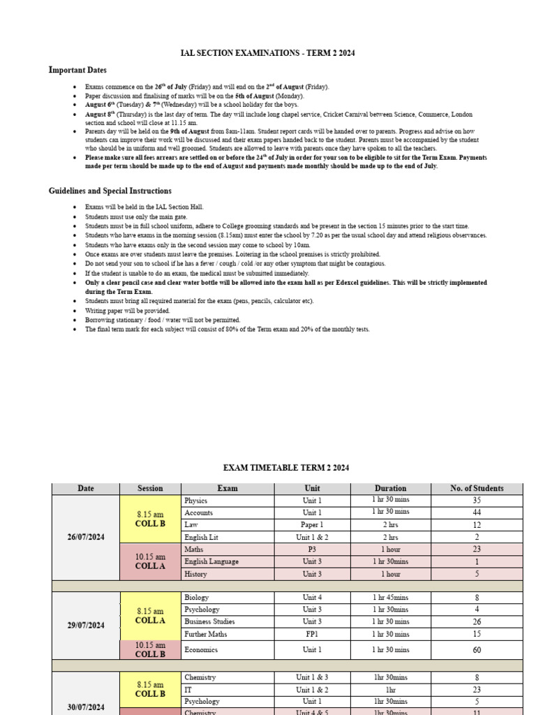 Term 2 Exam Timetable and Guidelines 2024 | PDF