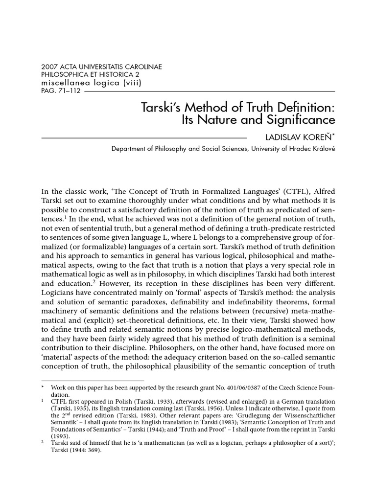 Tarskis Method of Truth Definition Its N | PDF