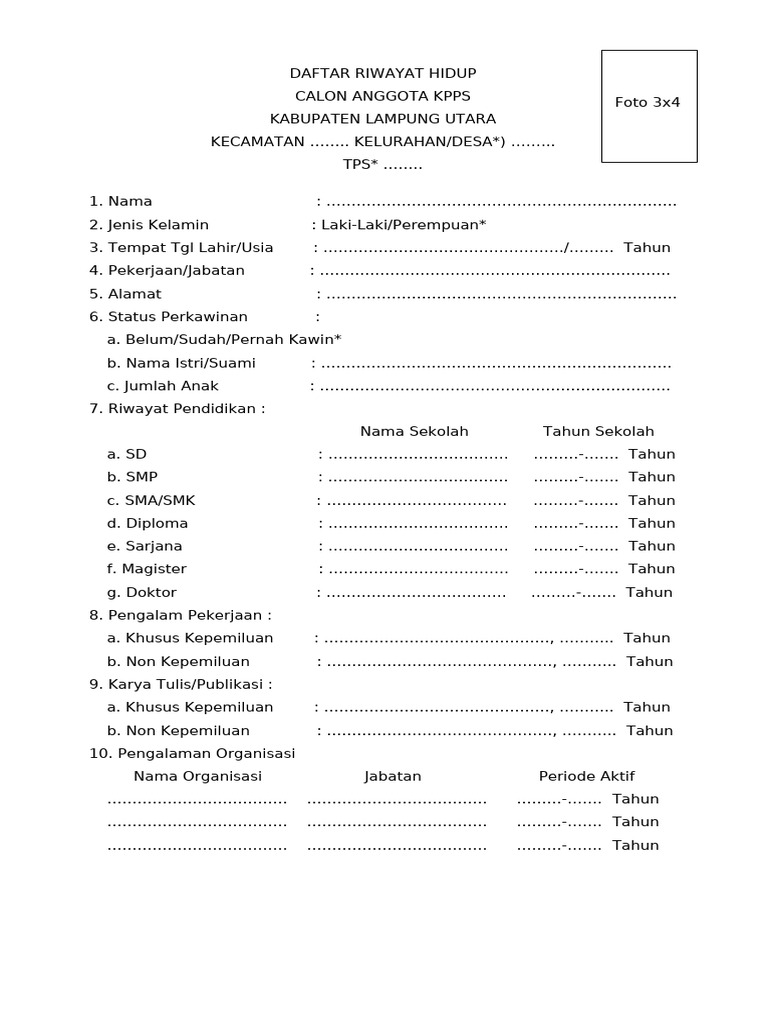 Format Daftar Riwayat Hidup KPPS | PDF
