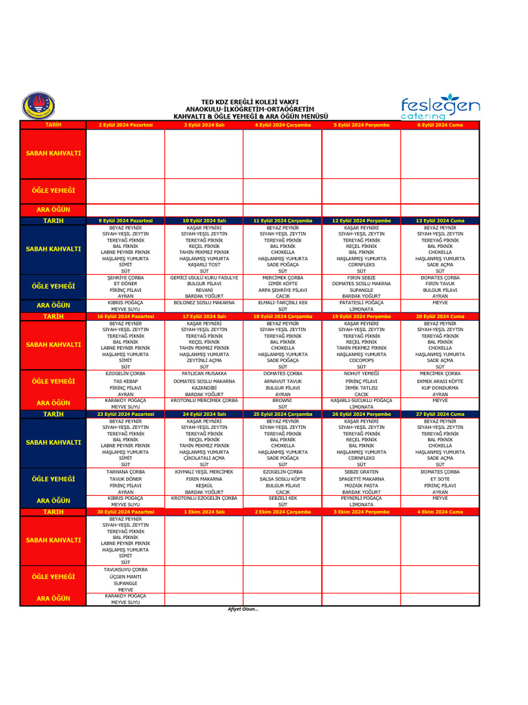 2024 Eylul Ilkogretim Yemek Menu | PDF