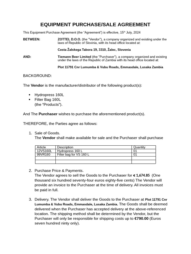 Equipment Purchase Agreement | PDF