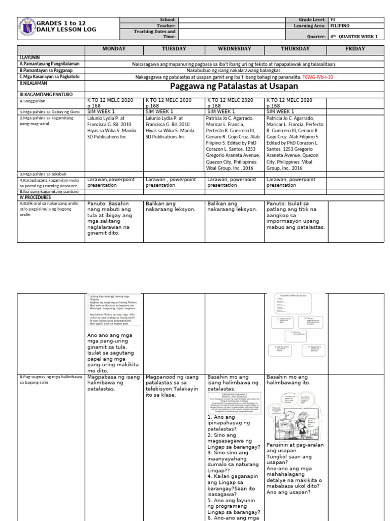 DLL - Filipino 6 - Q4 - W1 | PDF