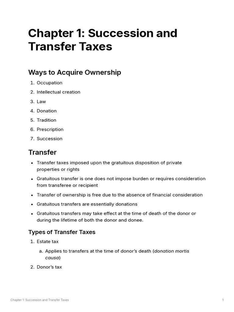 Chapter 1 - Succession and Transfer Taxes | PDF