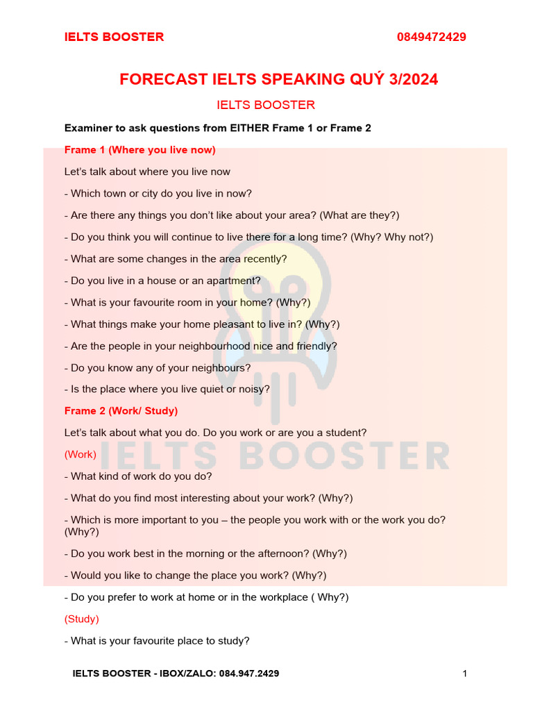 Forecast Speaking Quý 3 - 2024 (Ielts Booster) | PDF