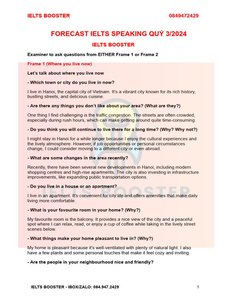 [Sample] Forecast Speaking Quý 3-2024 (Ielts Booster) | PDF