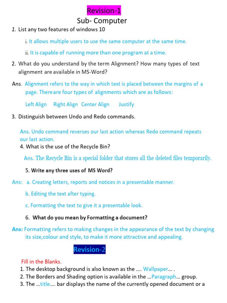 Class - III, Computer, Revision For Term - I | PDF | Microsoft Word ...