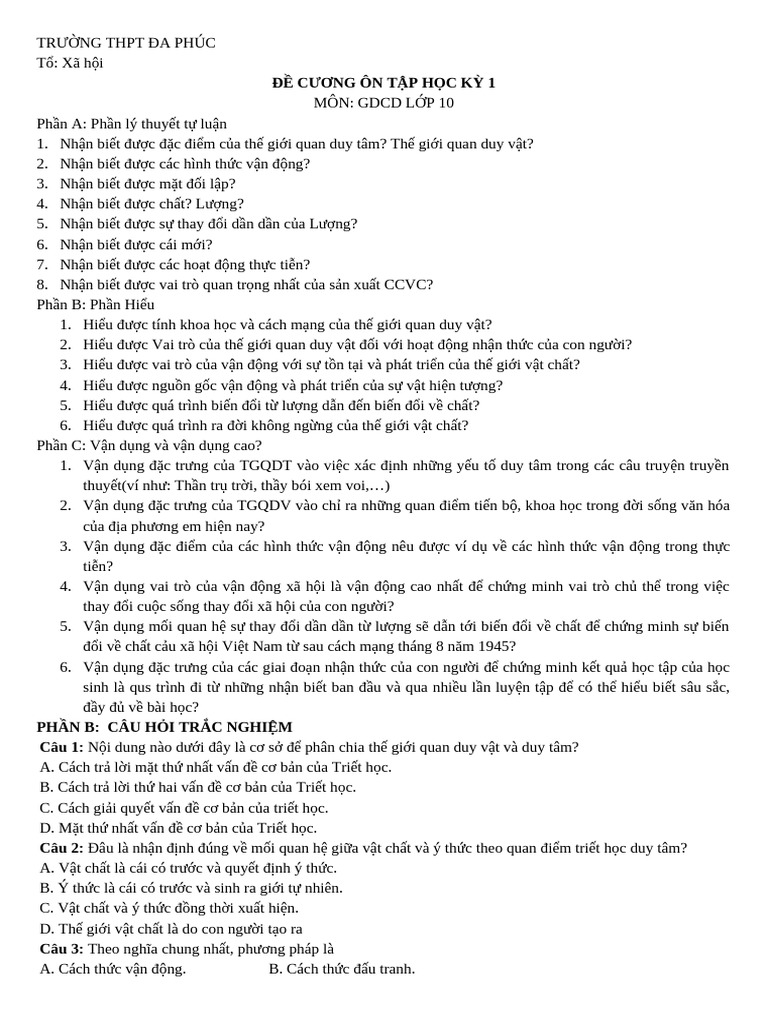 ĐỀ CƯƠNG KÌ 1 GDCD 10 - 2021 | PDF