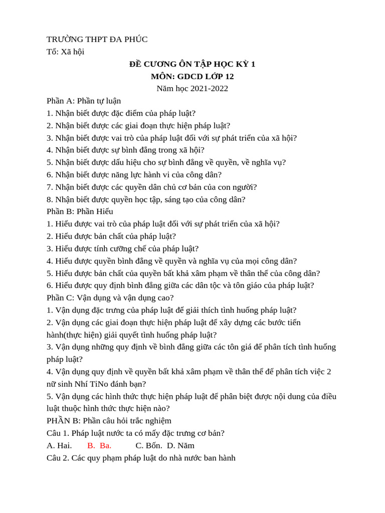 ĐỀ CƯƠNG GDCD 12- NĂM 2021-2022 HỌC KÌ 1 | PDF