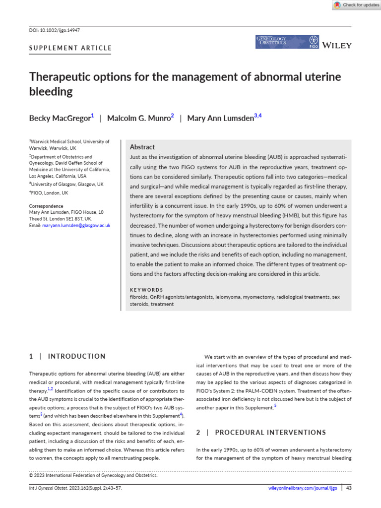 Intl J Gynecology Obste - 2023 - MacGregor - Therapeutic options for the management of abnormal ...