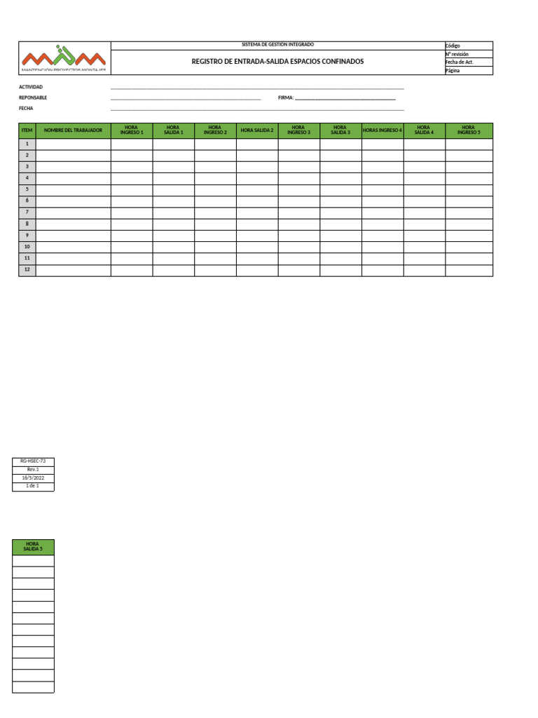 RG-HSEC-73 Check List ENTRADA Y SALIDA DE ESPACIOS CONFINADOS | PDF