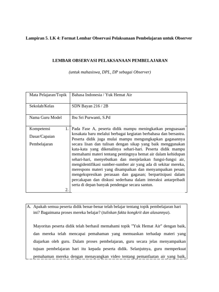 Lampiran 5. LK 4 Format Lembar Observasi Pelaksanaan Pembelajaran | PDF