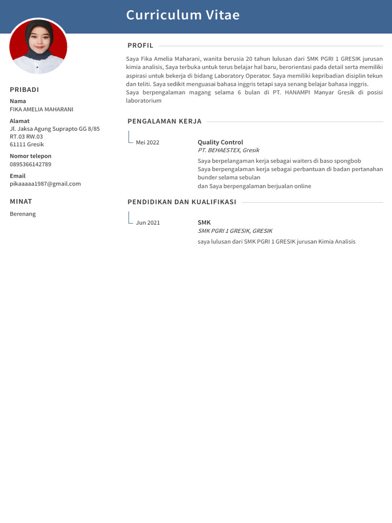 CV Fika Amelia Maharani #1 | PDF