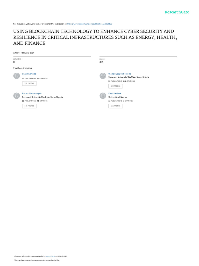 Using Blockchain Technology To Enhance Cyber Security And Resilience In Critical Infrastructures
