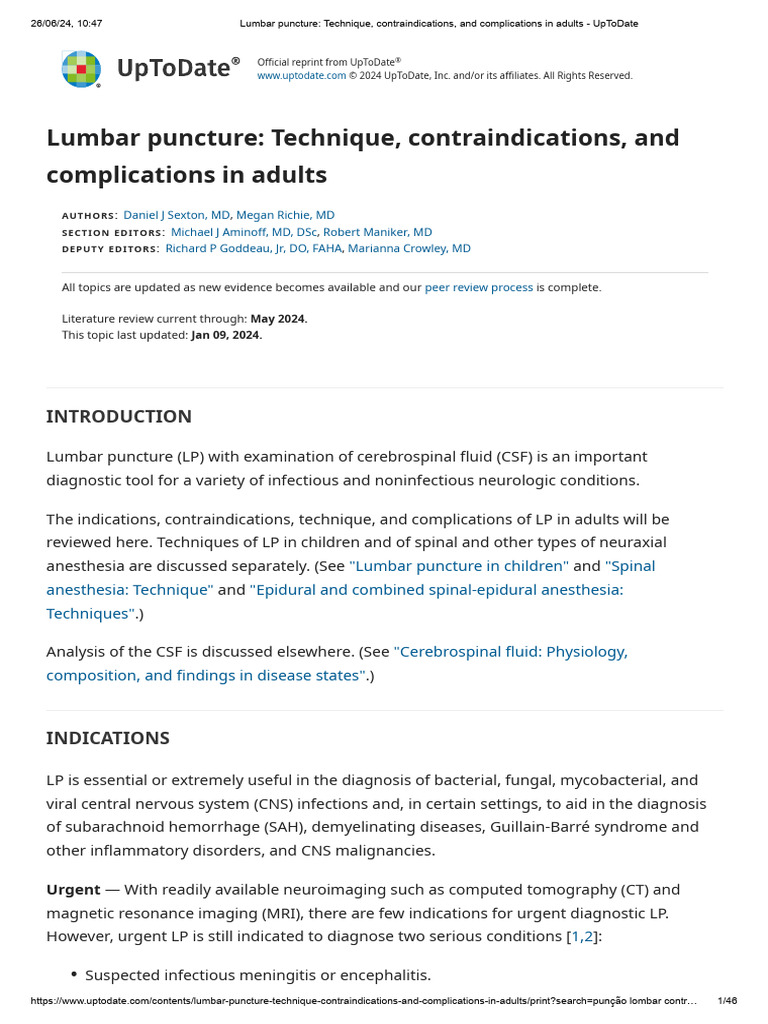 Lumbar Puncture - Technique, Contraindications, and Complications in Adults - UpToDate | PDF