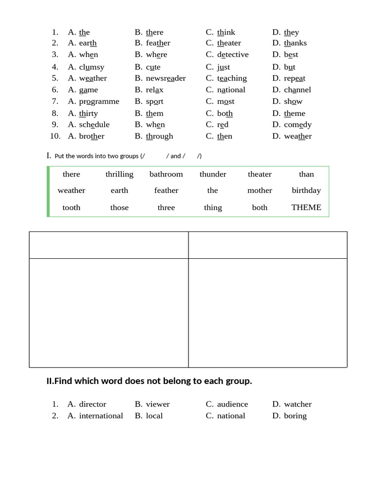 II - Find Which Word Does Not Belong To Each Group.: Put The Words Into ...