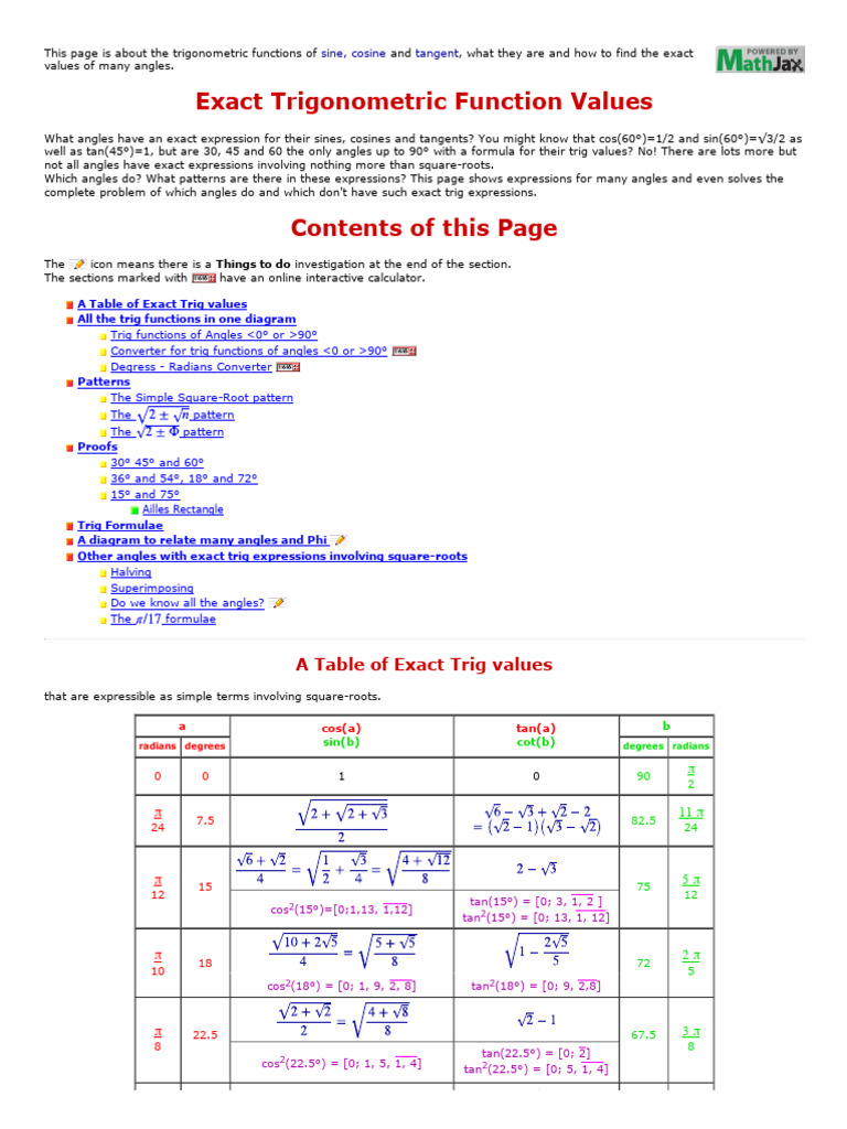 Exact Trig Values | PDF | Trigonometric Functions | Trigonometry
