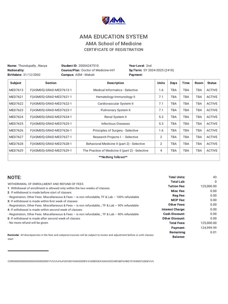 Ama Education System: AMA School of Medicine | PDF