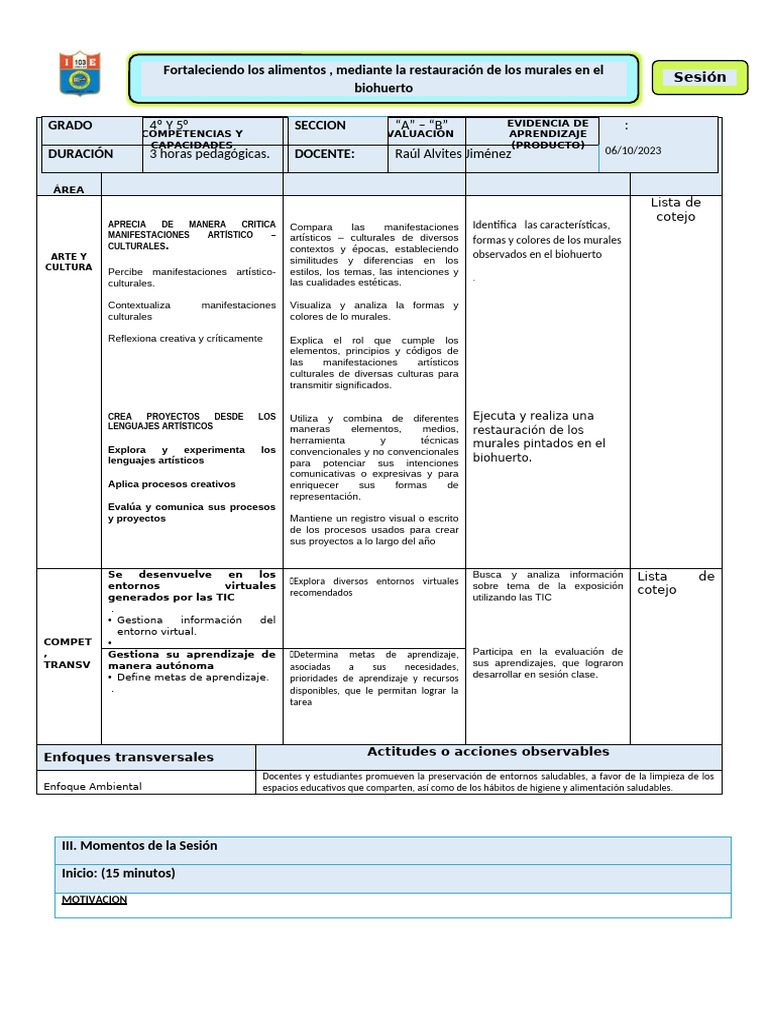 SESIÓN DE APRENDIZAJE - 06-10-23 ( ARTE Y CULTURA , murales) | PDF