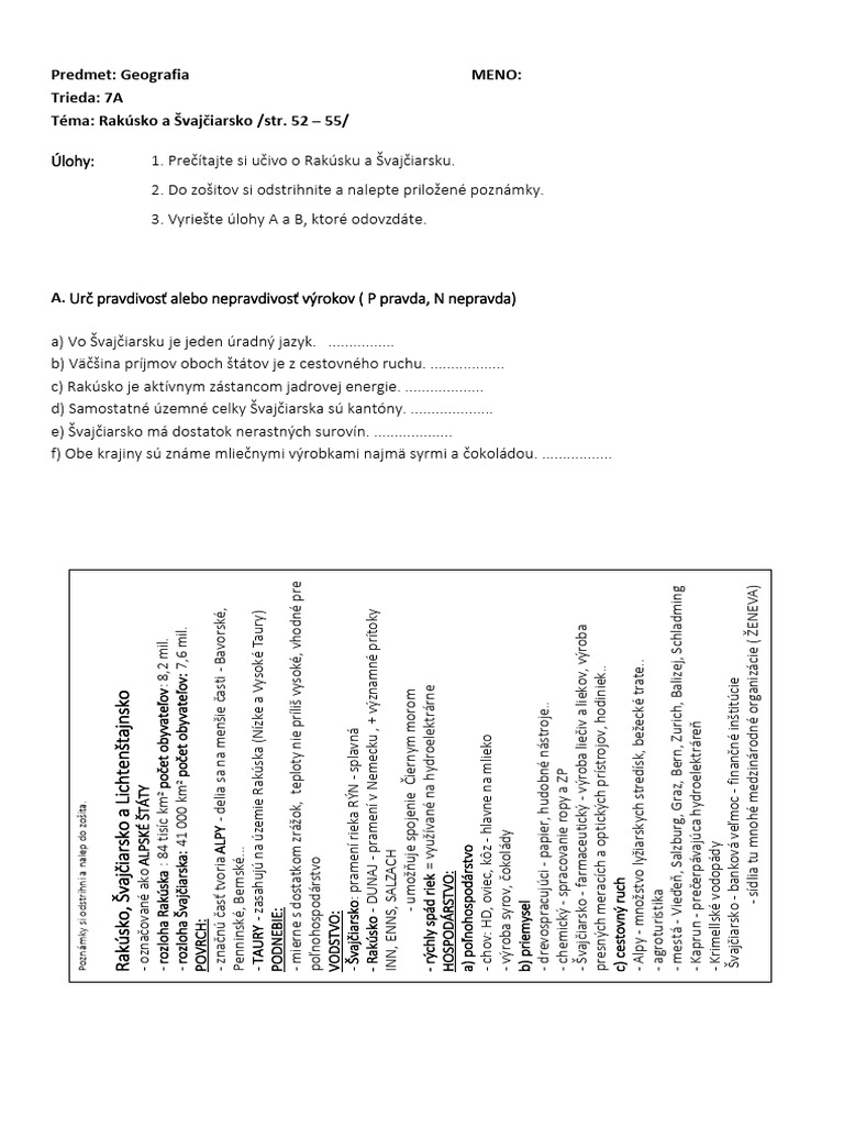 Geografia 7.rocnik 5. Rakusko A Svajciarsko | PDF