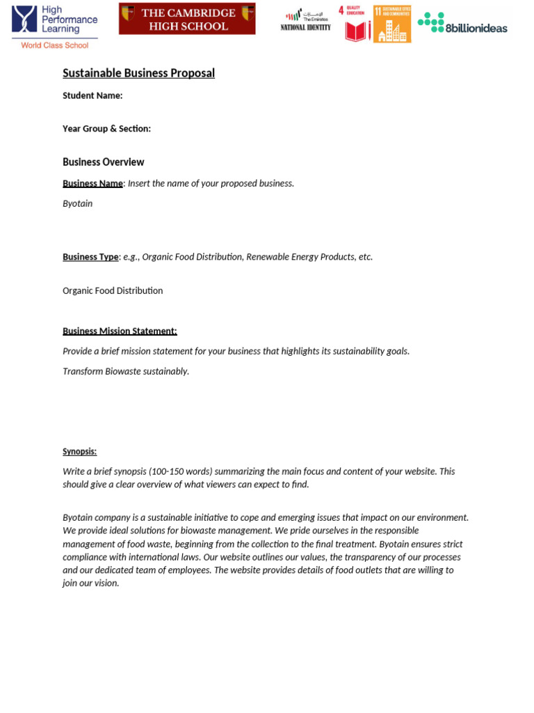 Sustainable Business Proposal - Y9 Byotain | PDF