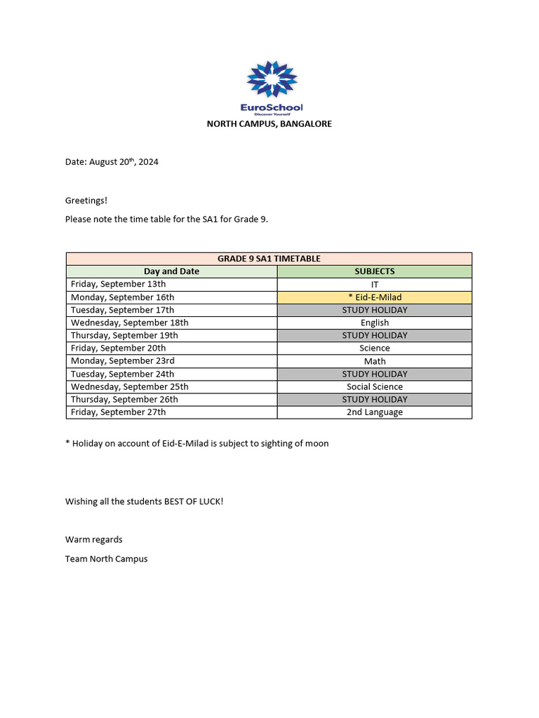 Grade 9 SA1 TIMETABLE | PDF