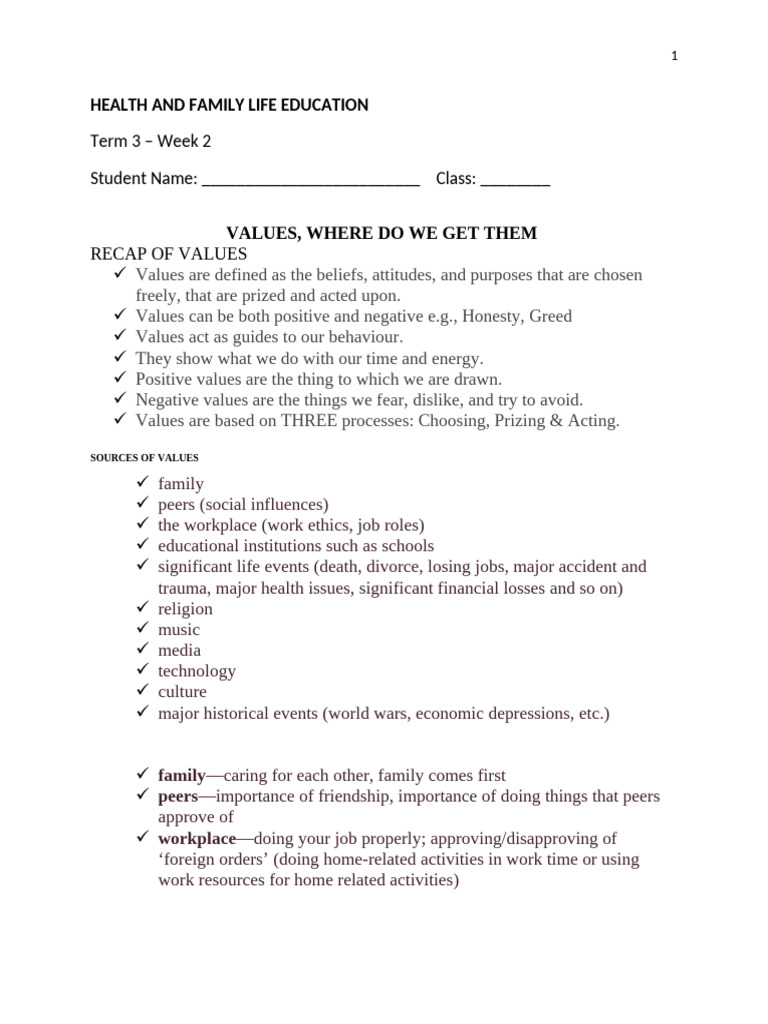 Week 2 Term 2 - Values (Where Do We Get Them) | PDF
