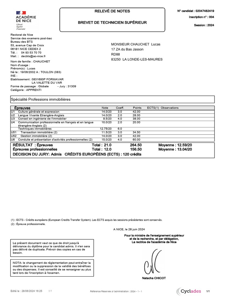 Relevé de Notes BTS | PDF