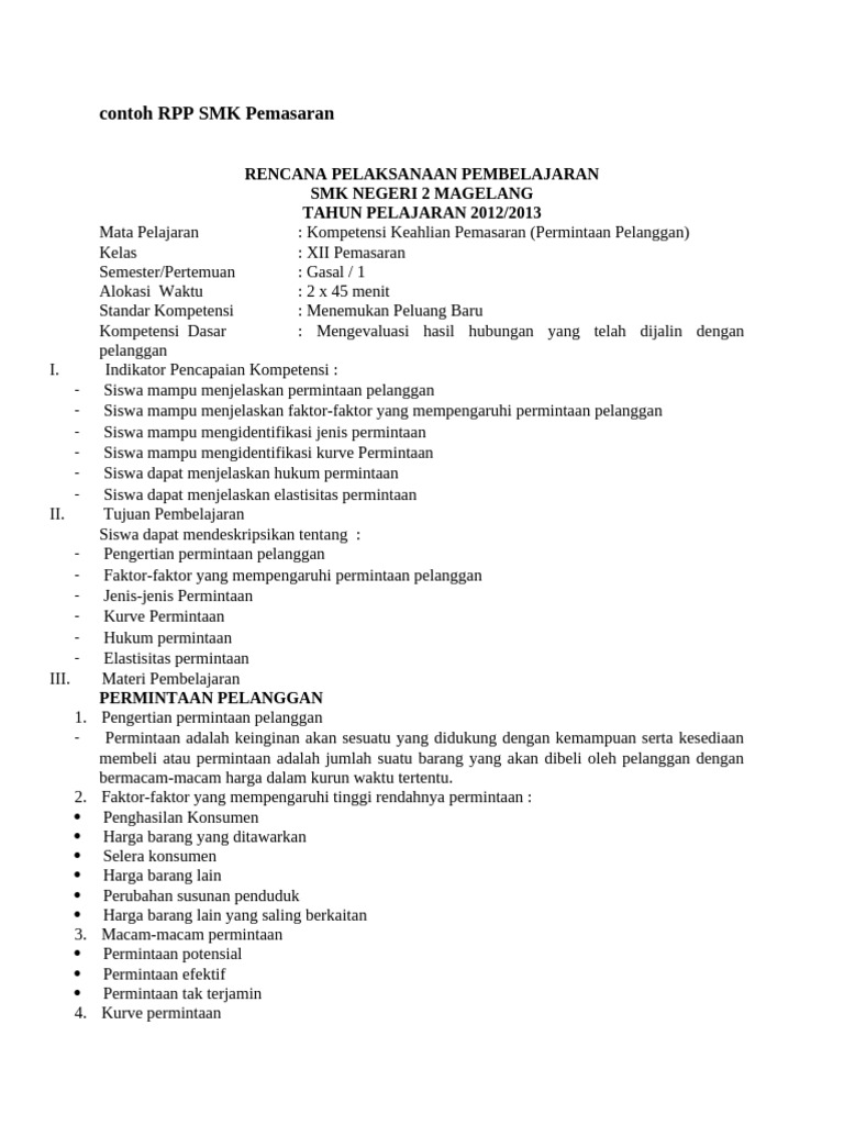 Contoh RPP SMK Pemasaran | PDF