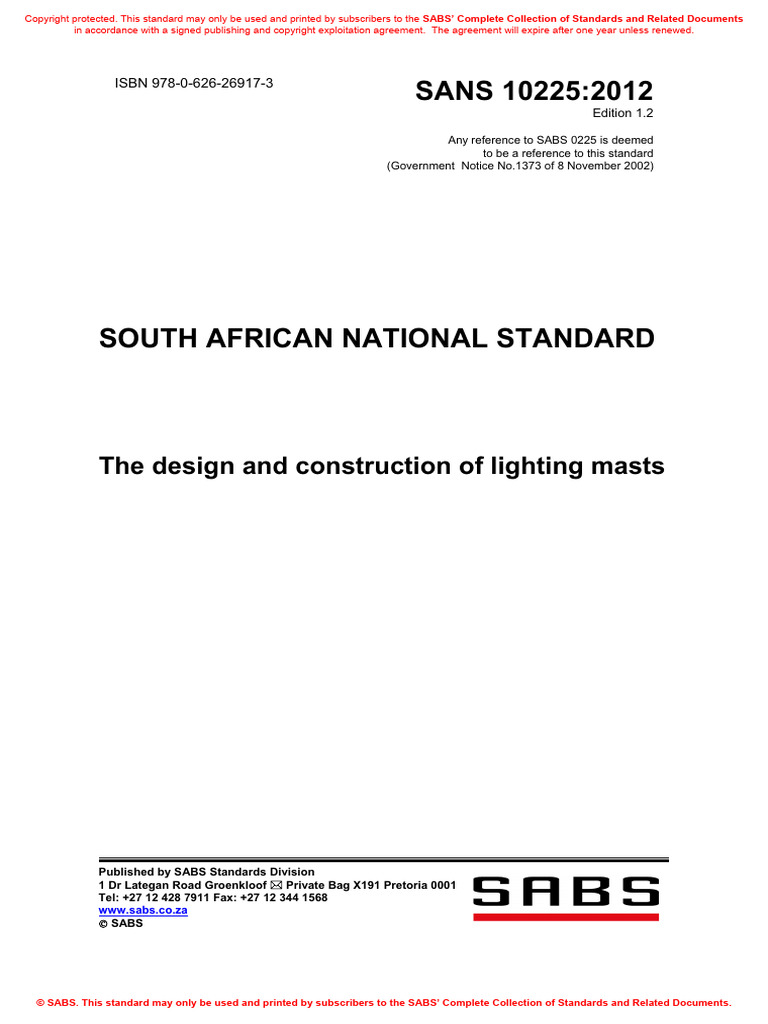 SANS10225 - The Design and Construction of Lighting Masts | PDF