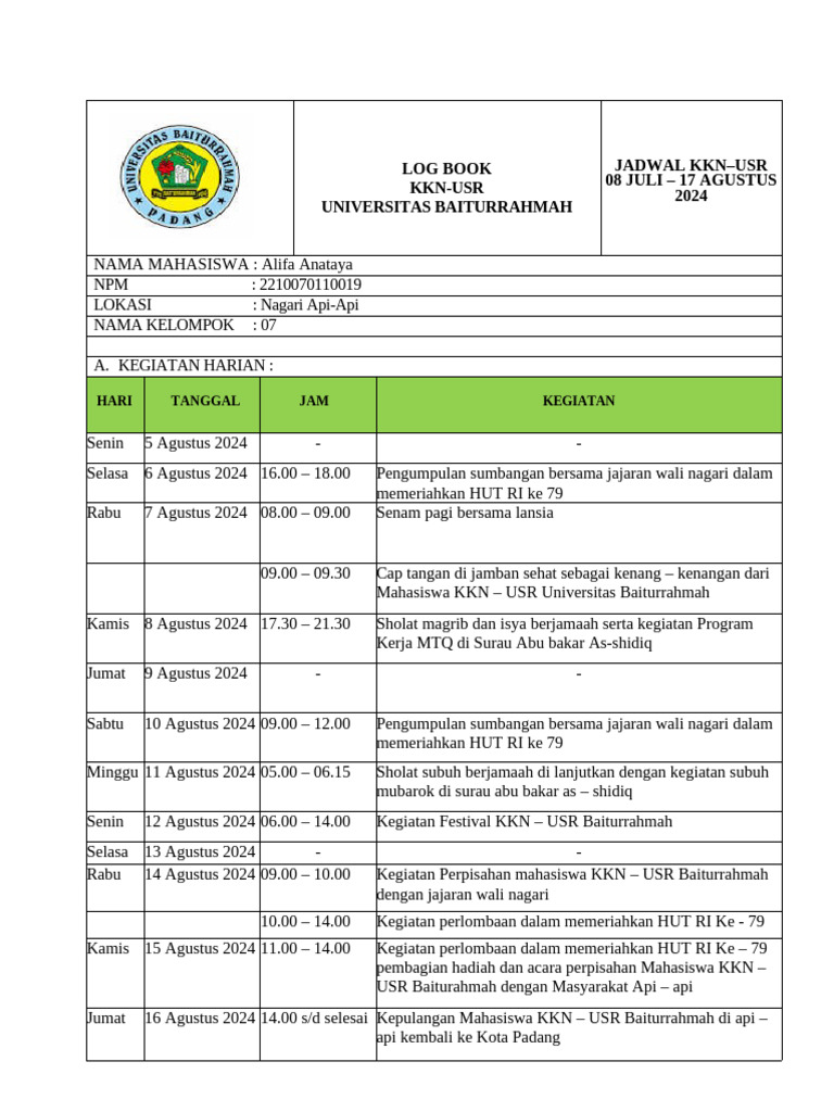 Logbook Alifa Minggu Kedua | PDF