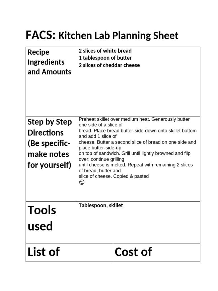 Cooking Lab Planning Sheet With Cost of Ingredients (1)-3 | PDF