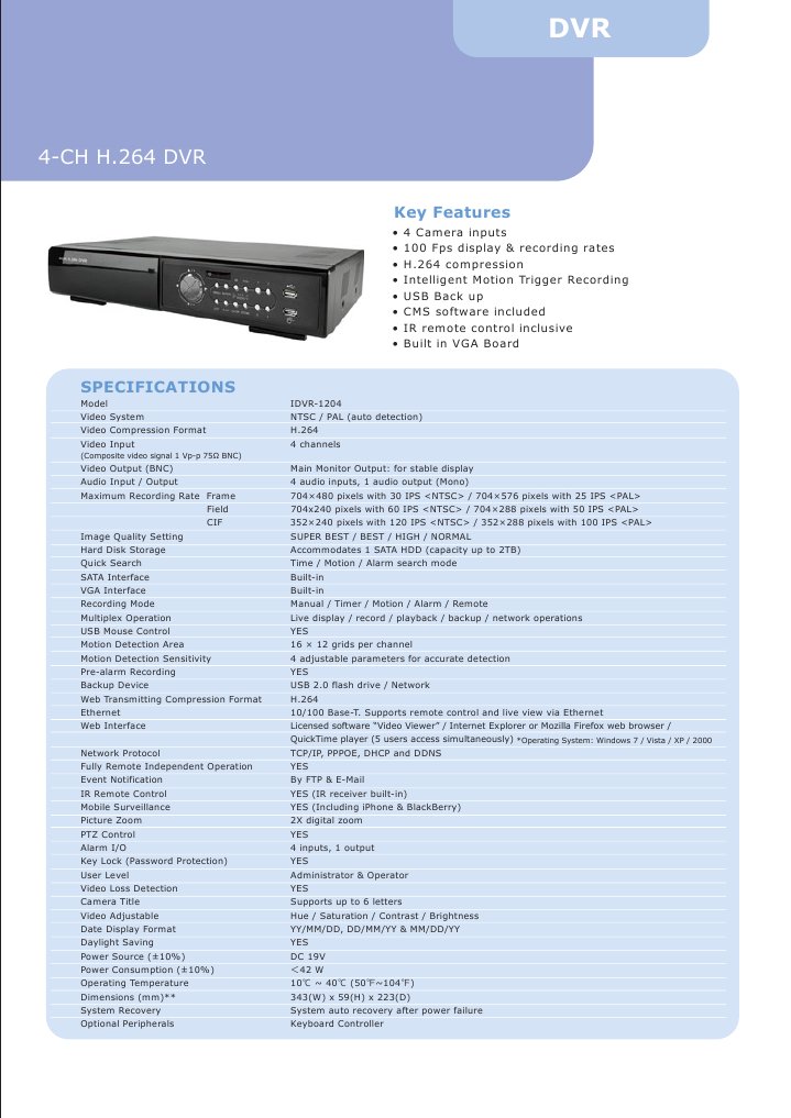 4-Channel H.264 DVR Specifications | PDF