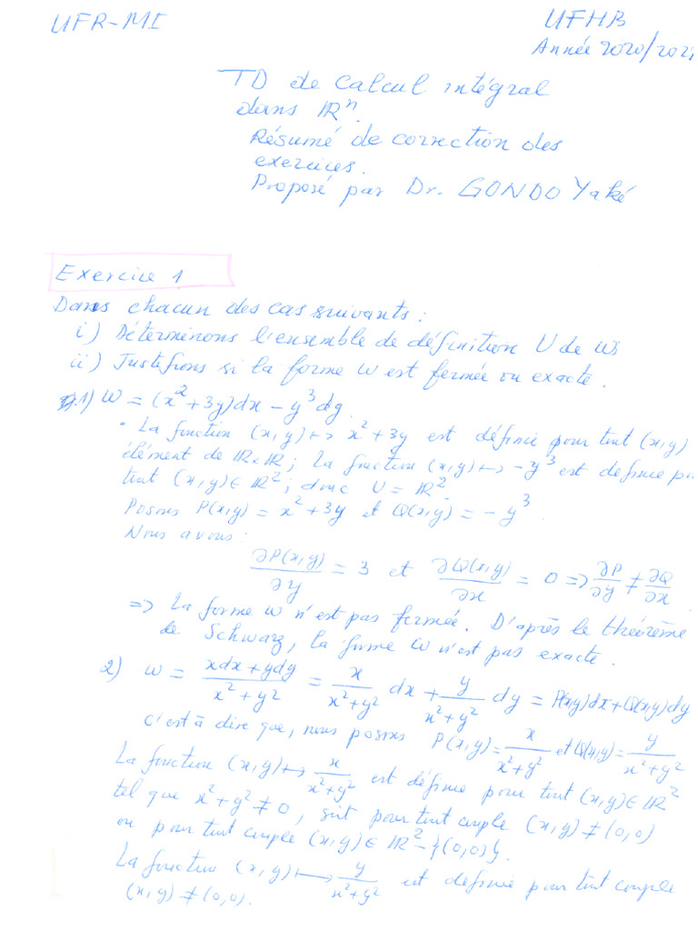 MI&Résumé Des Corrections Des Exercices de TD de Calcul Intégral Dans ...
