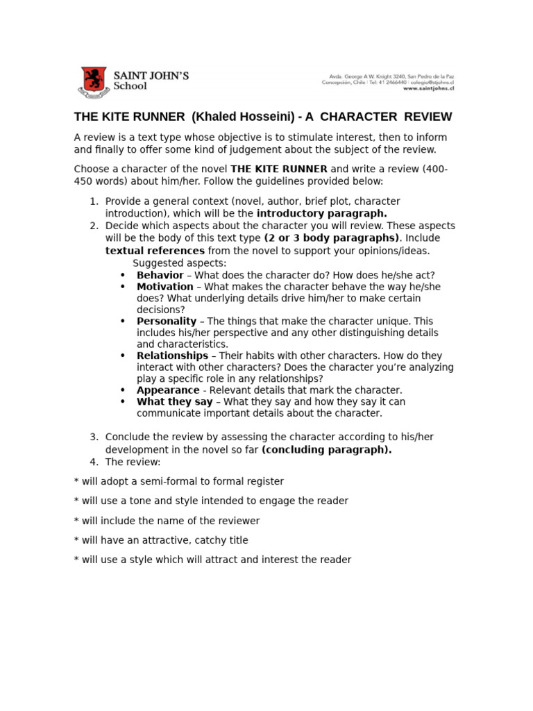 THE KITE RUNNER A Character Review Instructions | PDF