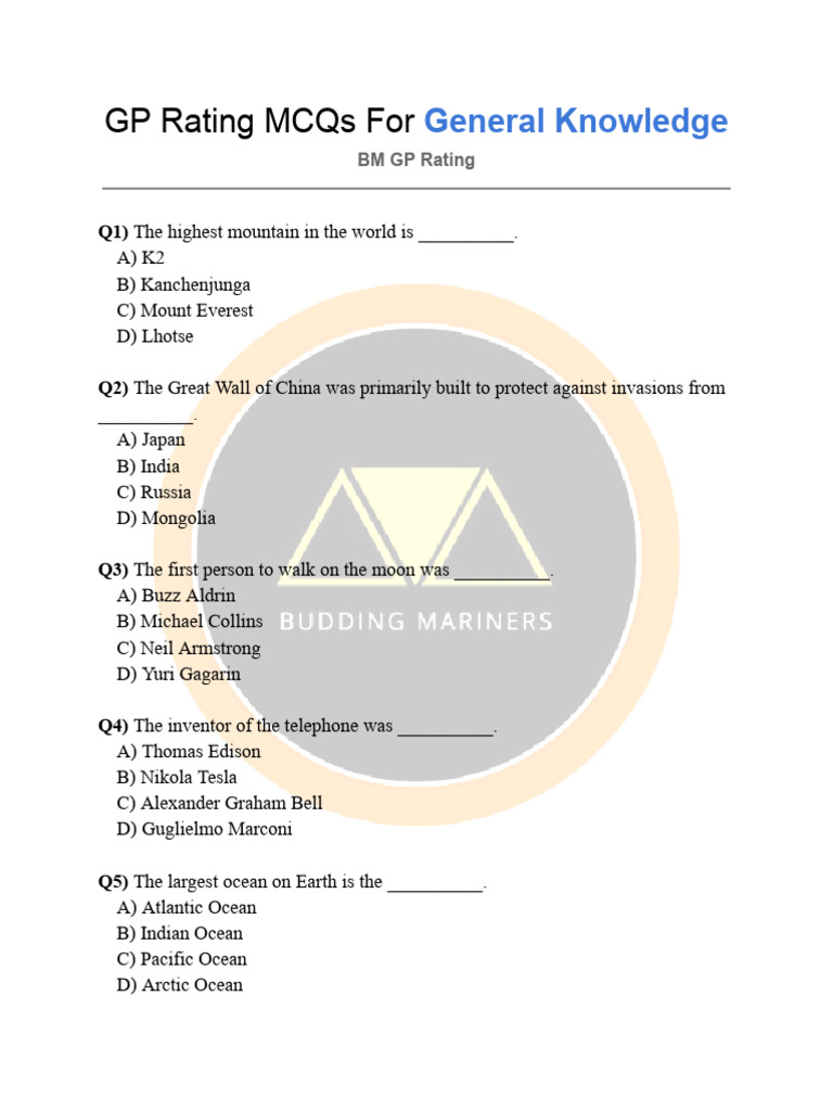GP Rating MCQs For GK | PDF | Travel | Science & Mathematics