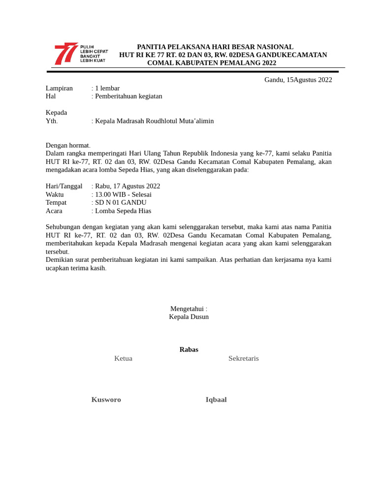 Surat Pemberitahuan 17an Gandu | PDF