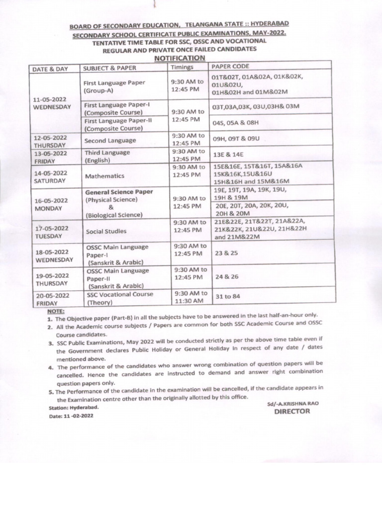 TS SSC Time Table 2022 | PDF