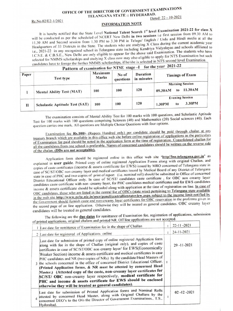 NTSE 2021-22 Stage-1 Information Note | PDF
