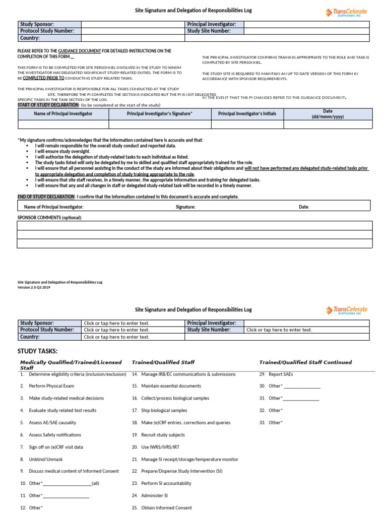 TransCelerate Site Signature and Delegation of Responsibilities Log V2.0 Q3 2019 | PDF