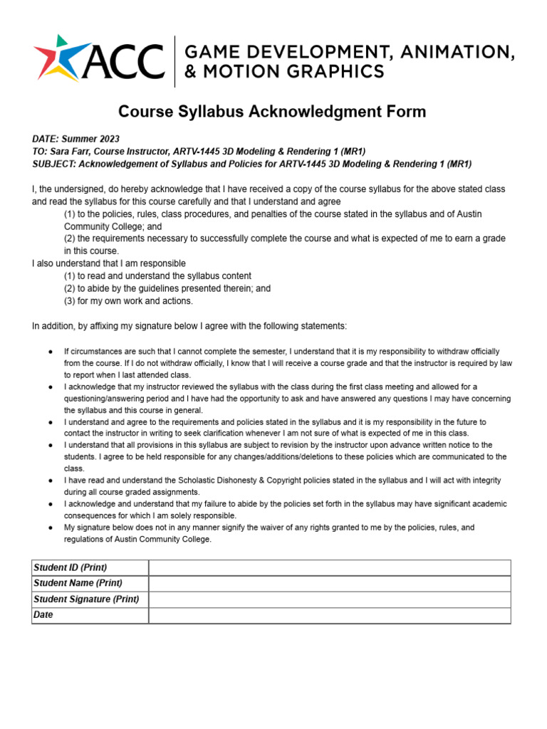 ARTV-1445 MR1 Syllabus Acknowledgement (23U) | PDF