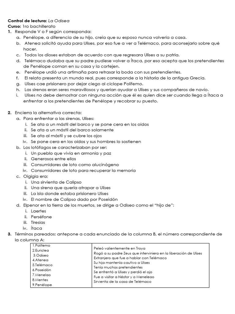 Control de Lectura La Odisea. 1ro BGU | PDF | Odiseo | Odisea