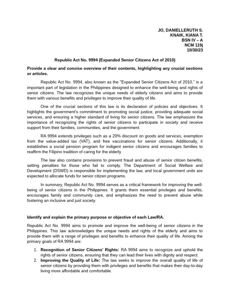 Republic Act No. 9994 (Expanded Senior Citizens Act of 2010) | PDF
