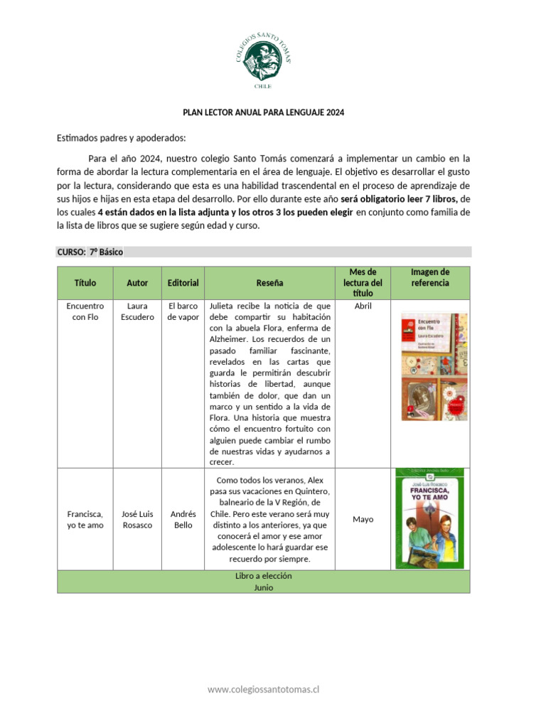 09 Cu Plan Lector Anual Lenguaje SEPTIMO BASICO 2024 | PDF