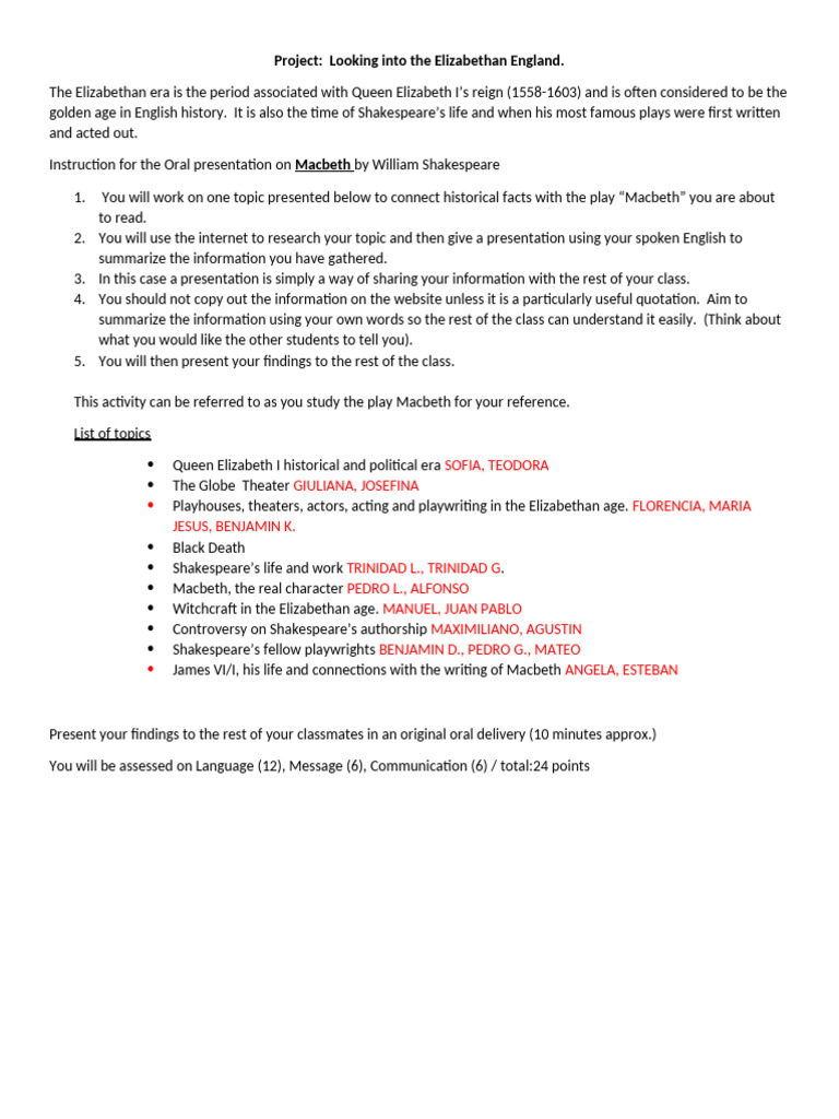 GROUPS Oral Presentation On Macbeth by William Shakespeare | PDF
