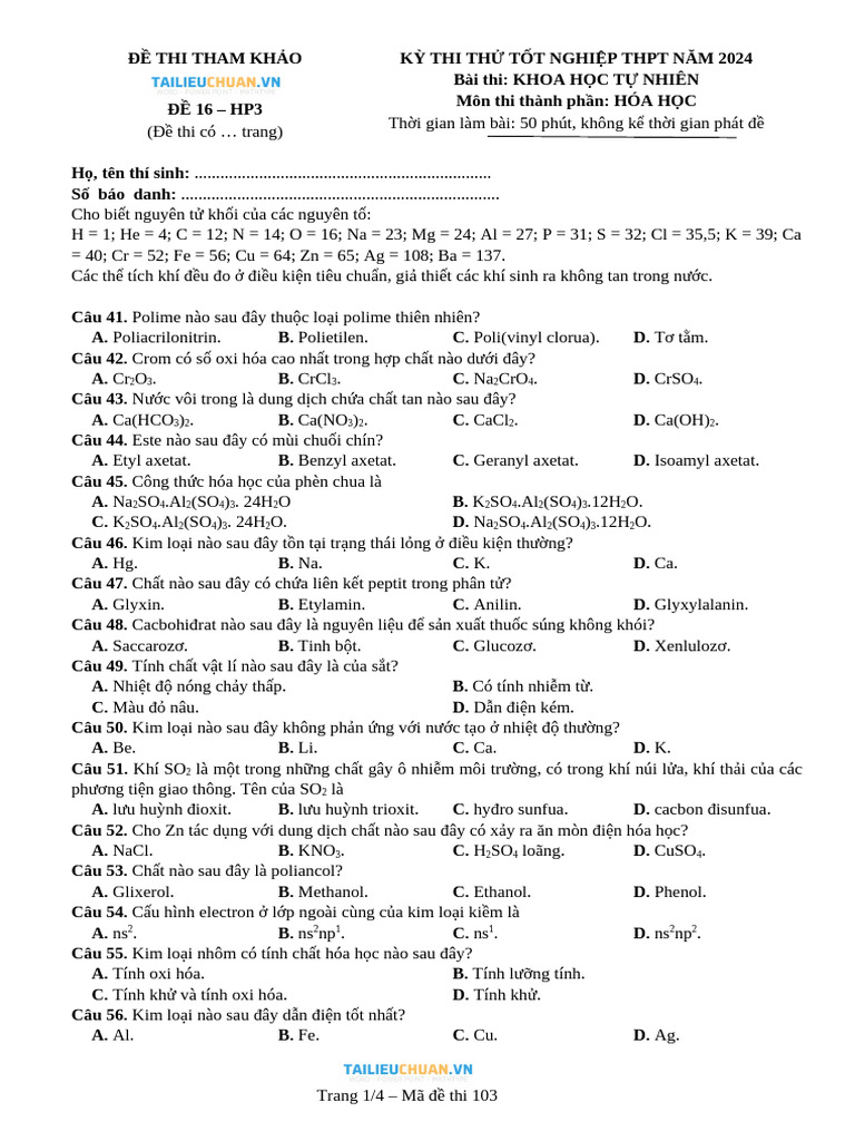 Đề Vip 16 Phát Triển Đề Minh Họa Tham Khảo BGD Môn Hóa Năm 2024 HP3 | PDF